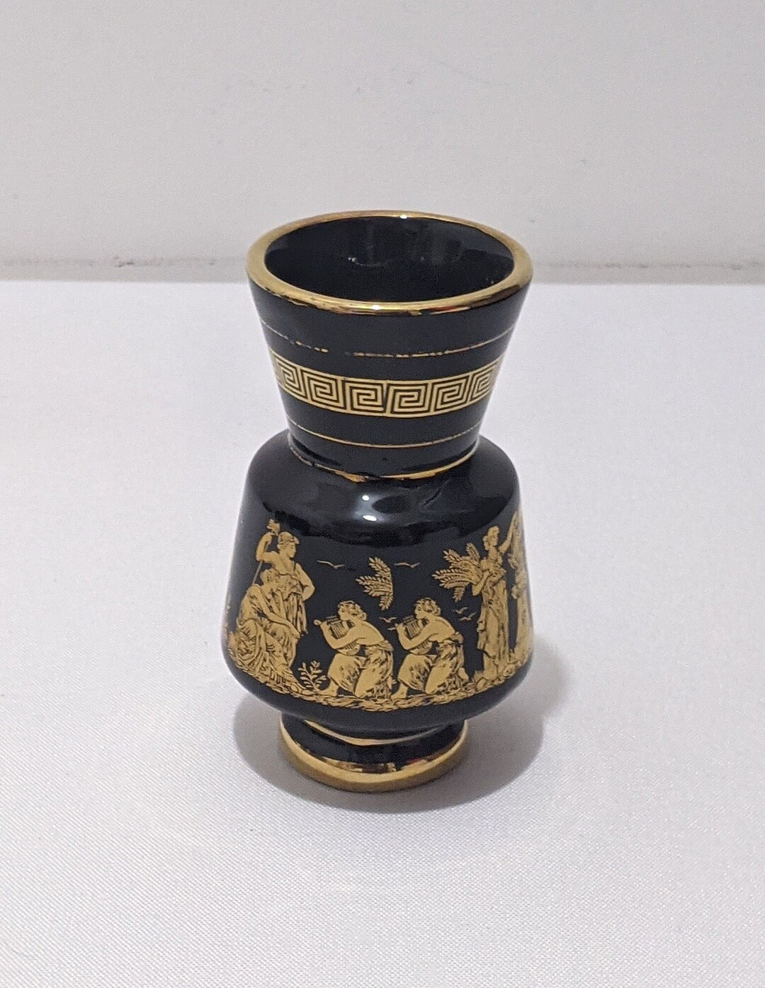 Small Vintage Black Vase, Handmade Greece, 24 K Gold, Classical Grecian ...