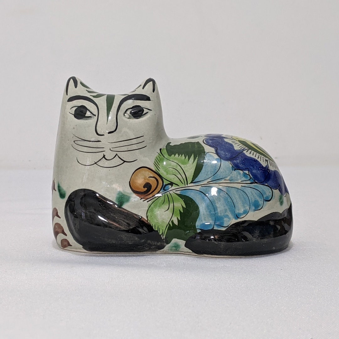 Vintage Tonala Mexican Pottery Folk Art Cat Figurine Vibrant Floral ...