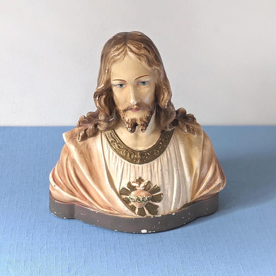 Antique Art Deco Era Jesus Christ and Sacred Heart Chalkware Bust ...