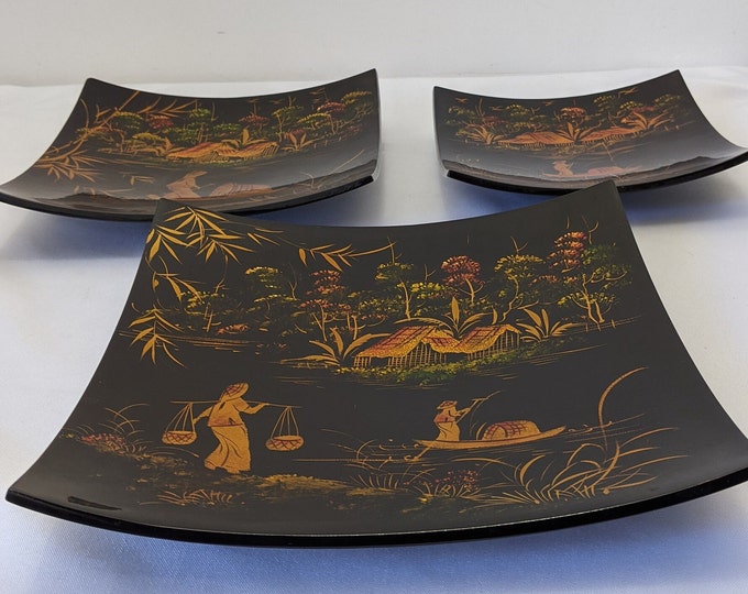 Vintage Vietnamese Lacquerware Tray Set of 3 Square Raised Tray/plate ...