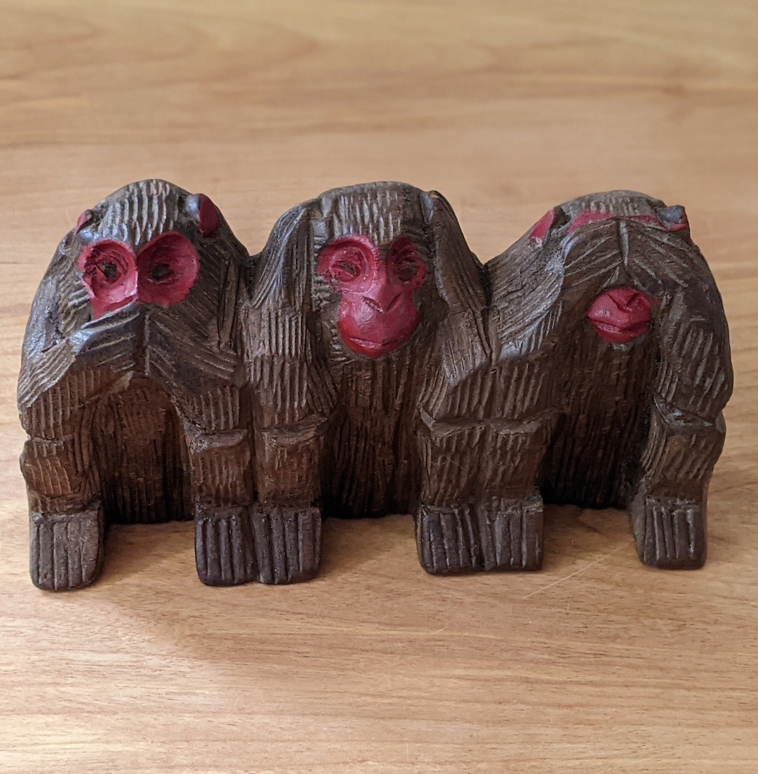 Vintage Three Monkeys Wooden Carving Statue Figure - See Hear Speak No ...