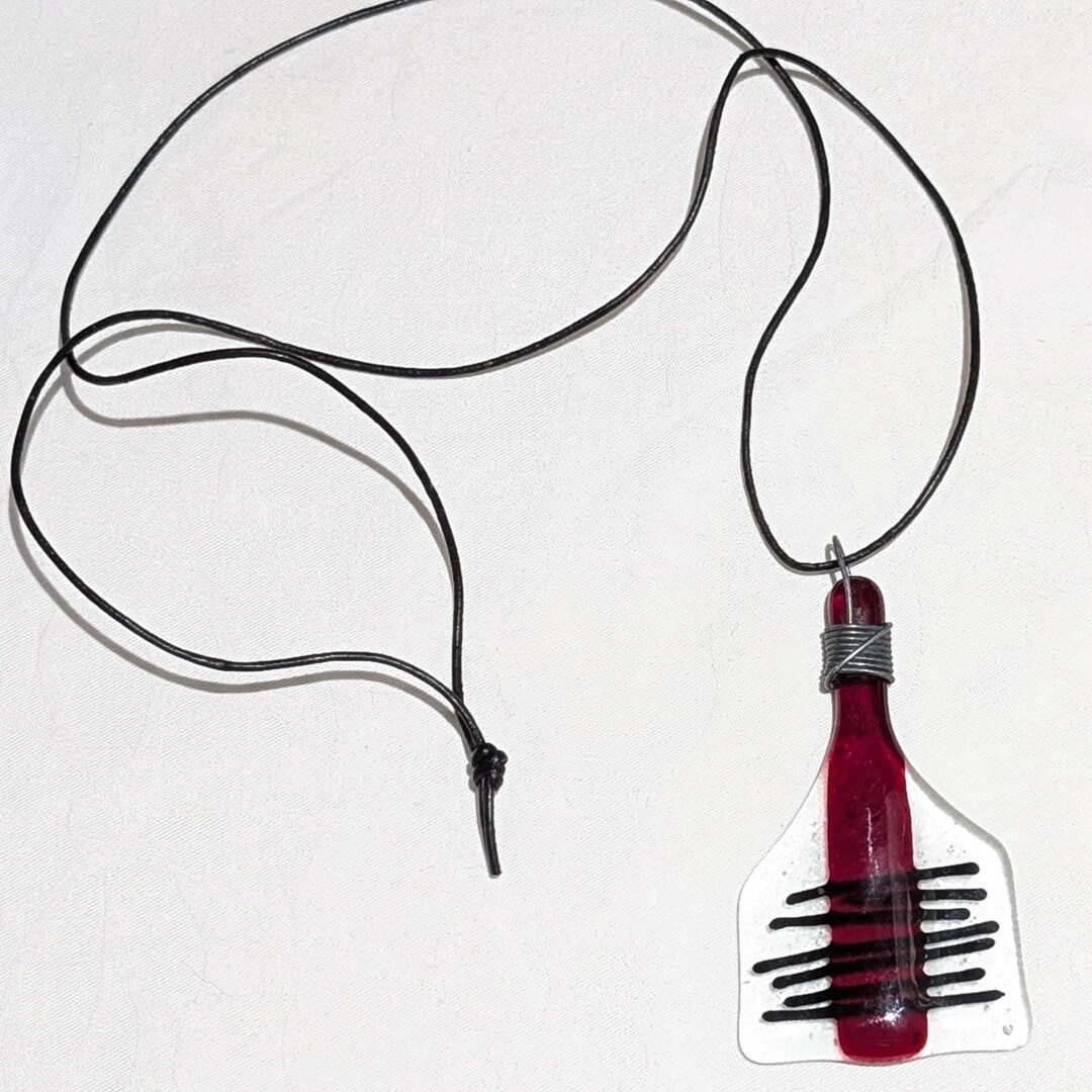 Pendant Necklace Fused Glass Red Black Abstract Wire Wrapped Large 3 ...