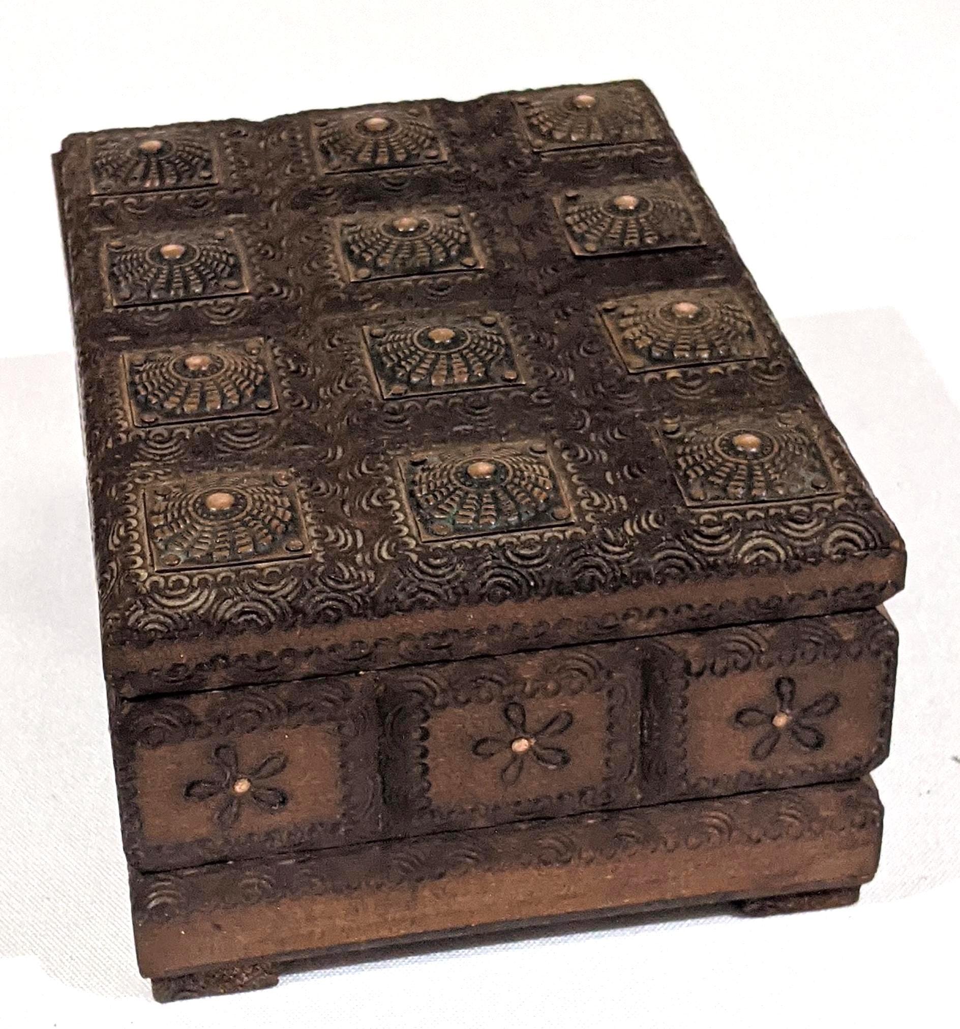 Hand-carved Wooden Folk Art Box With Metal Accents - Etsy