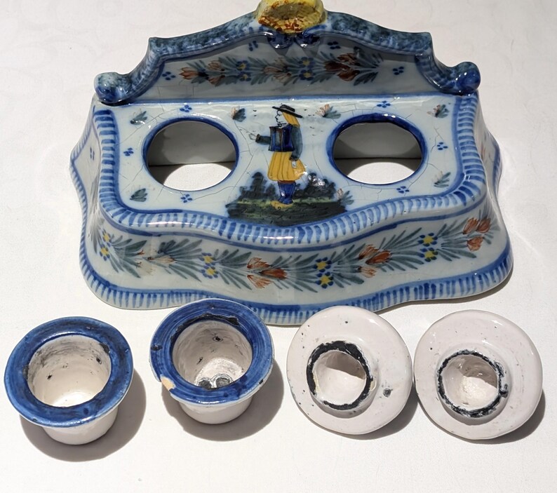 Quimper French Faience Inkwell | Antique HR Double Inkwell Early 20th ...