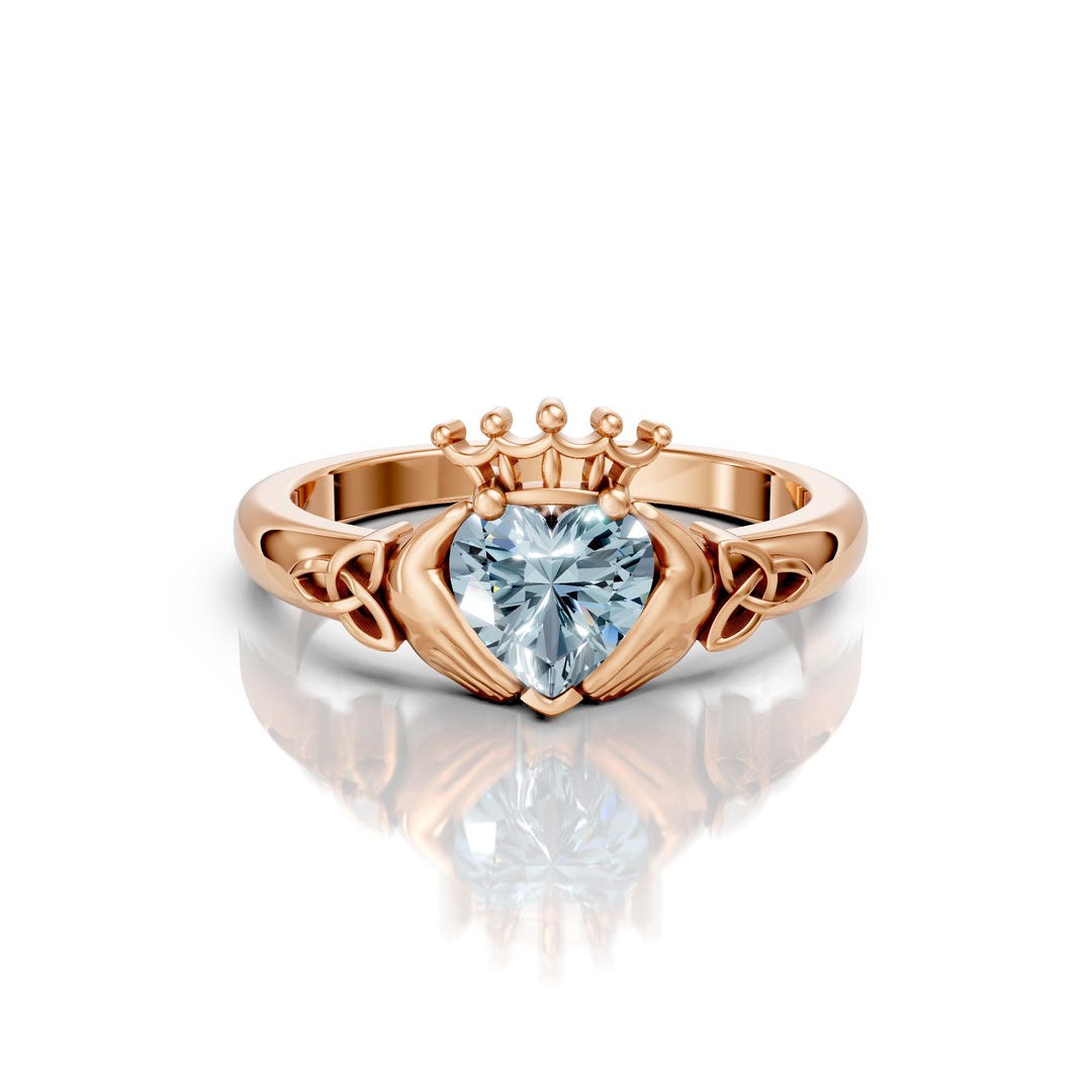 Irish Claddagh Wedding Engagement Ring Celtic Knot Aquamarine Heart ...