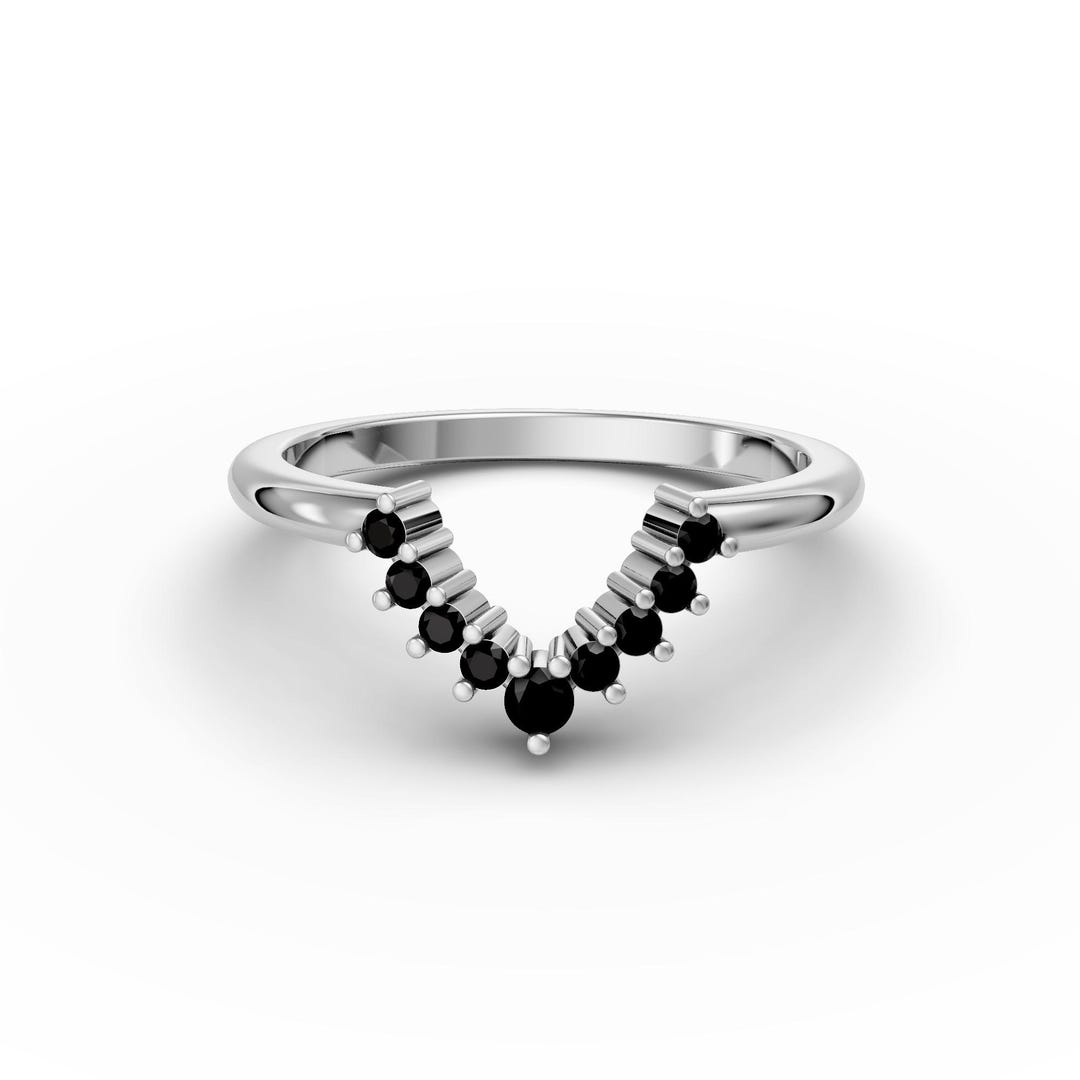Curved Engagement Ring 14K Gold Round Black Spinel Curved Wedding Band ...
