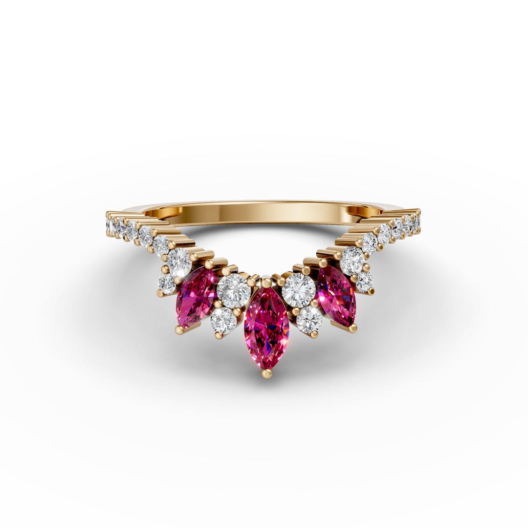 14K Gold Ruby Curved Wedding Band Marquise Ruby Curved Engagement Ring Stacking Bridal Ring for ...