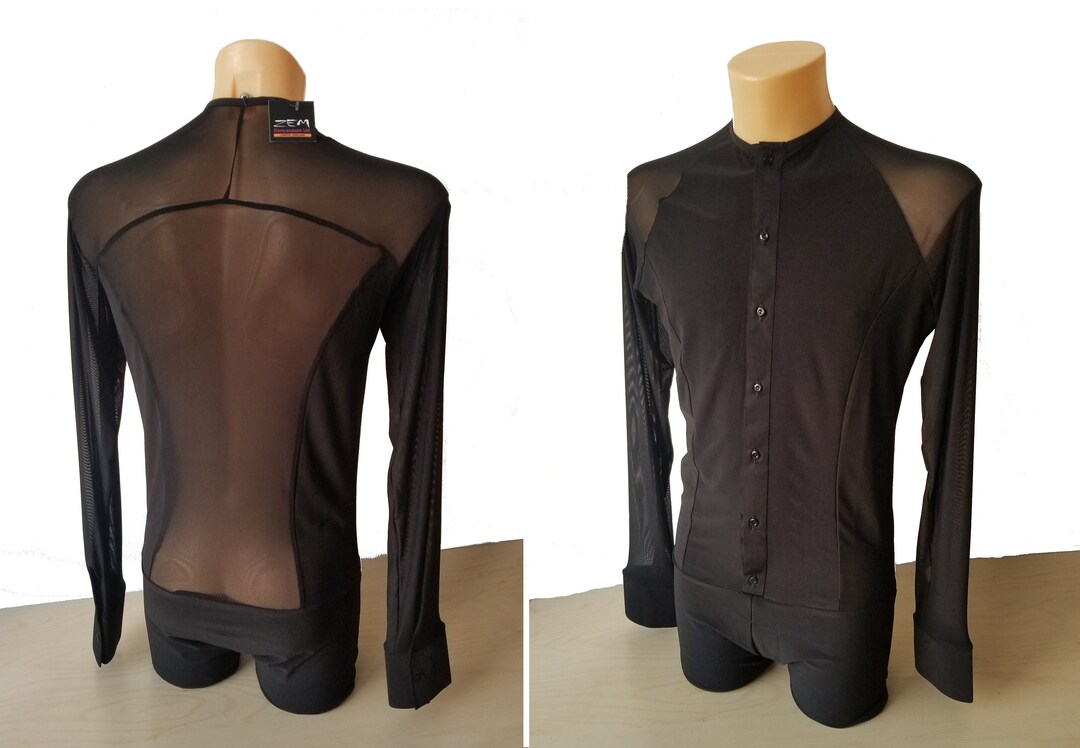 MS238N No Collar Latin Competition Shirt on Shorts See-through Mesh ...