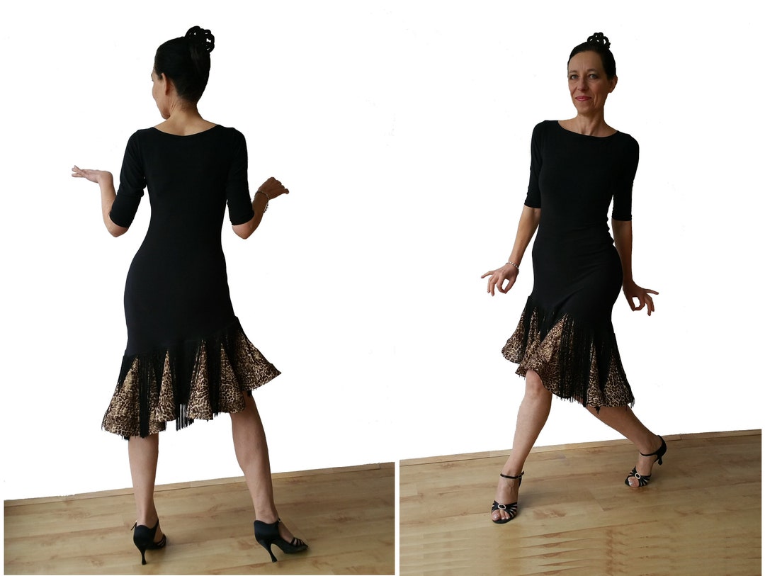 DR091AFR Latin Salsa Dress Animal Print Diagonal Hem With Fringe - Etsy