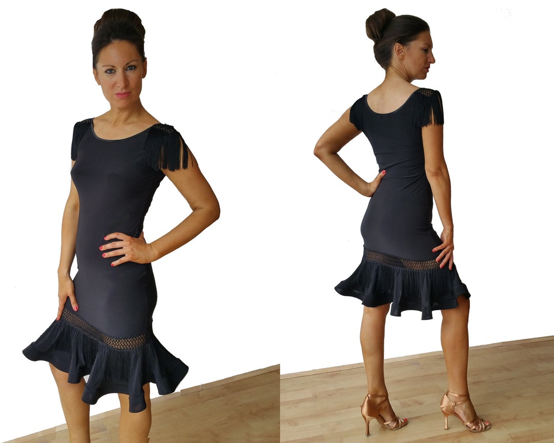 DR055 Knee Length Stretch Jersey Dress With Fringe and Peek Through ...