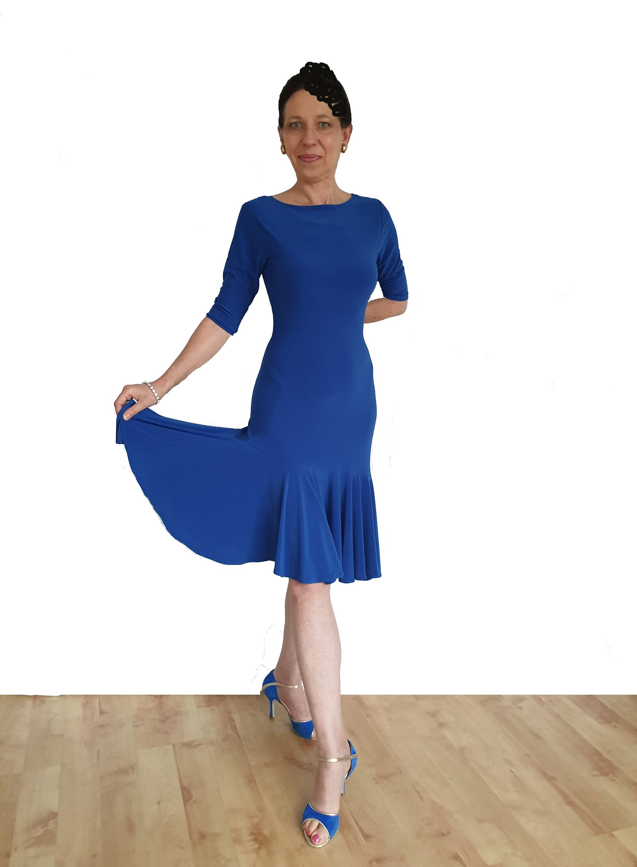 DR091 Latin Salsa Dress With Diagonal Hem and 3/4 Sleeves - Etsy