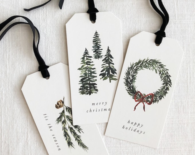 Watercolor Christmas Gift Tags With Black Velvet Ribbon | Holiday Gift ...