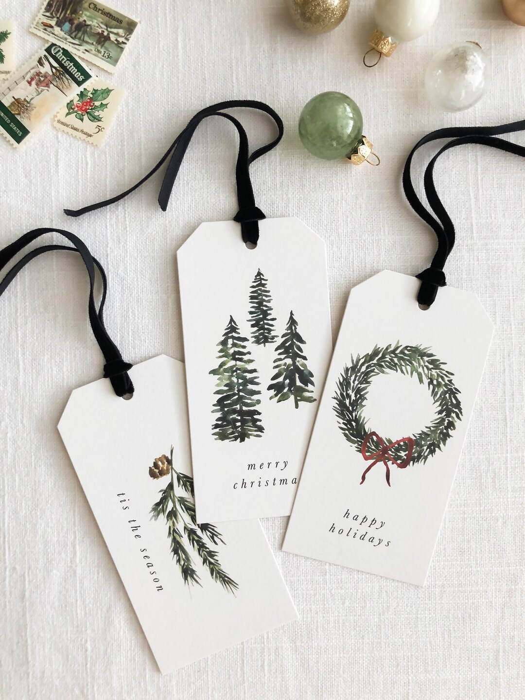 Watercolor Christmas Gift Tags With Black Velvet Ribbon | Holiday Gift ...