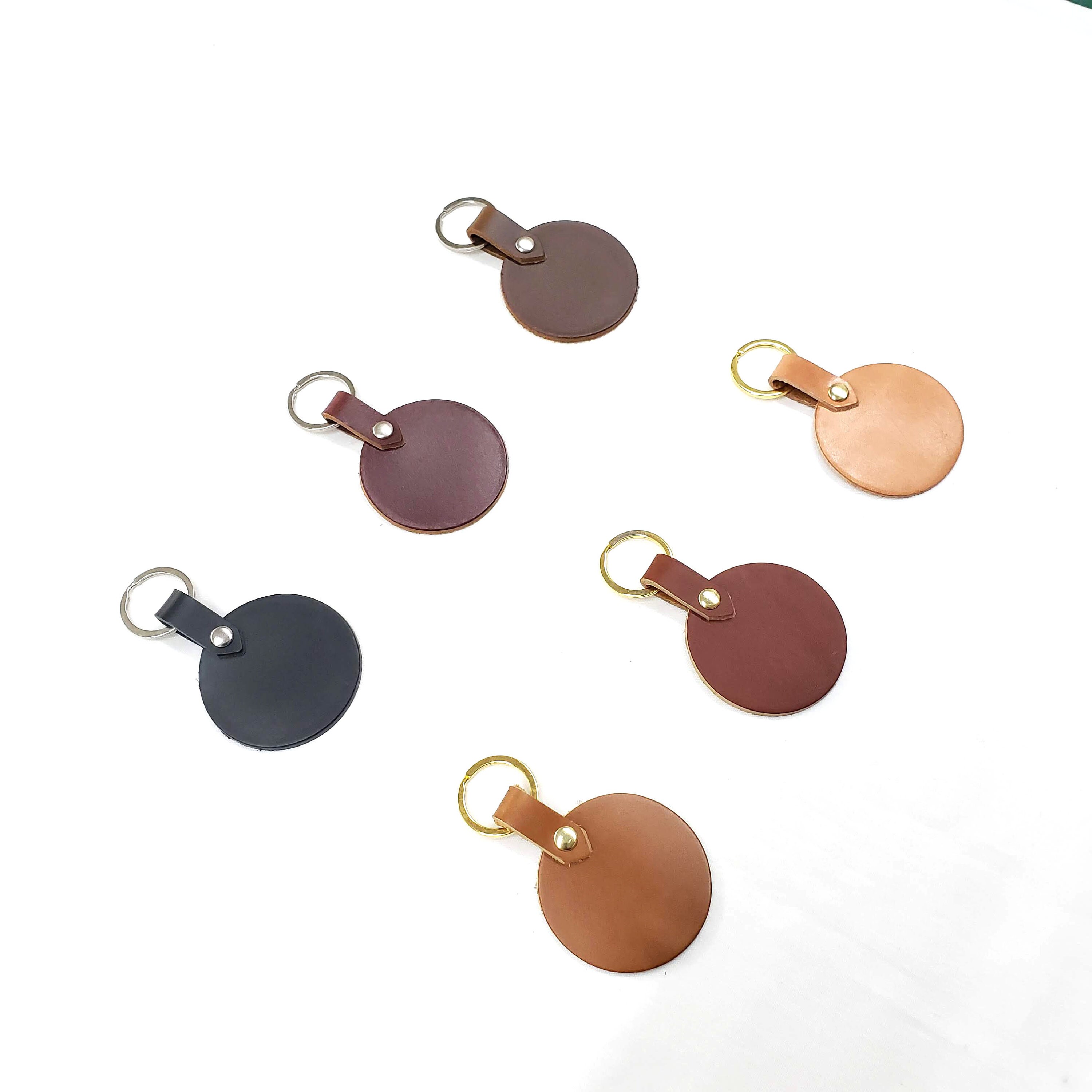 Personalized Round Leather Keychain: Embossed Full Grain Leather - Etsy