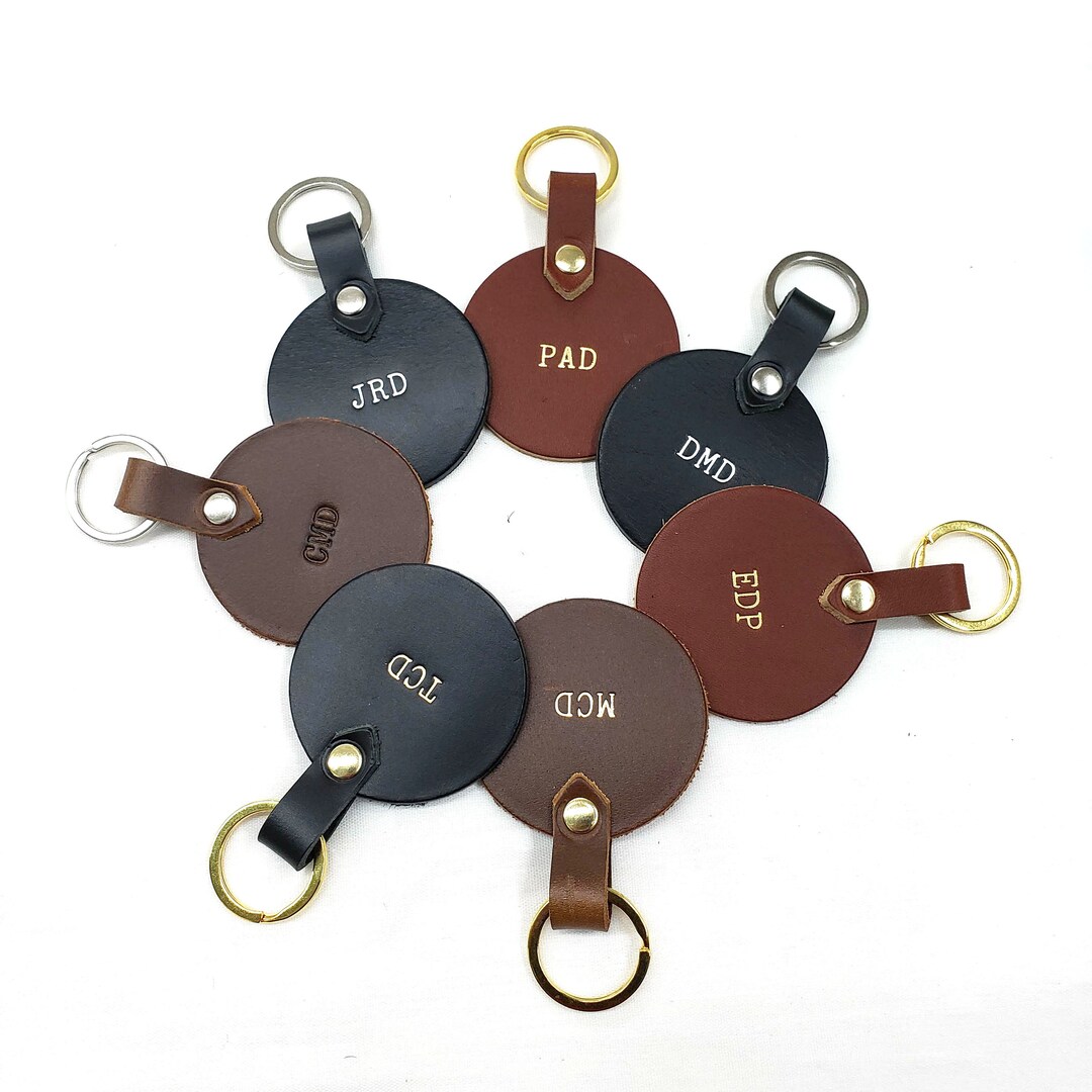Personalized Round Leather Keychain: Embossed Full Grain Leather - Etsy