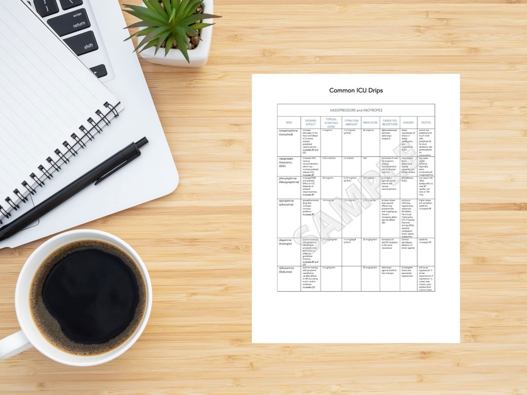 ICU DRIPS List of Commonly Used ICU Drips With Titrations - Etsy