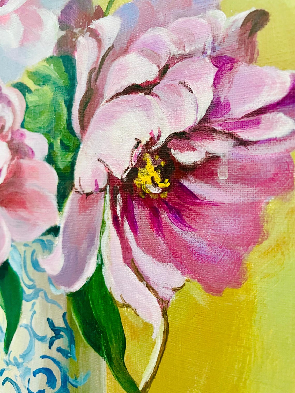 Original Floral Still Life Painting on Canvas Paper – Pink Peonies in ...