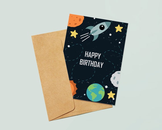 Outer space themed birthday card and FREE envelope template | Etsy