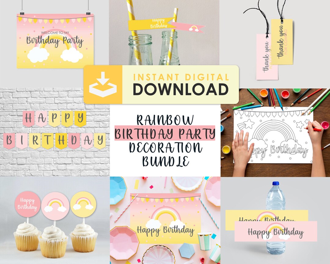 Party Decor Bundle - Pink and Yellow Rainbow - Printable, Instant ...