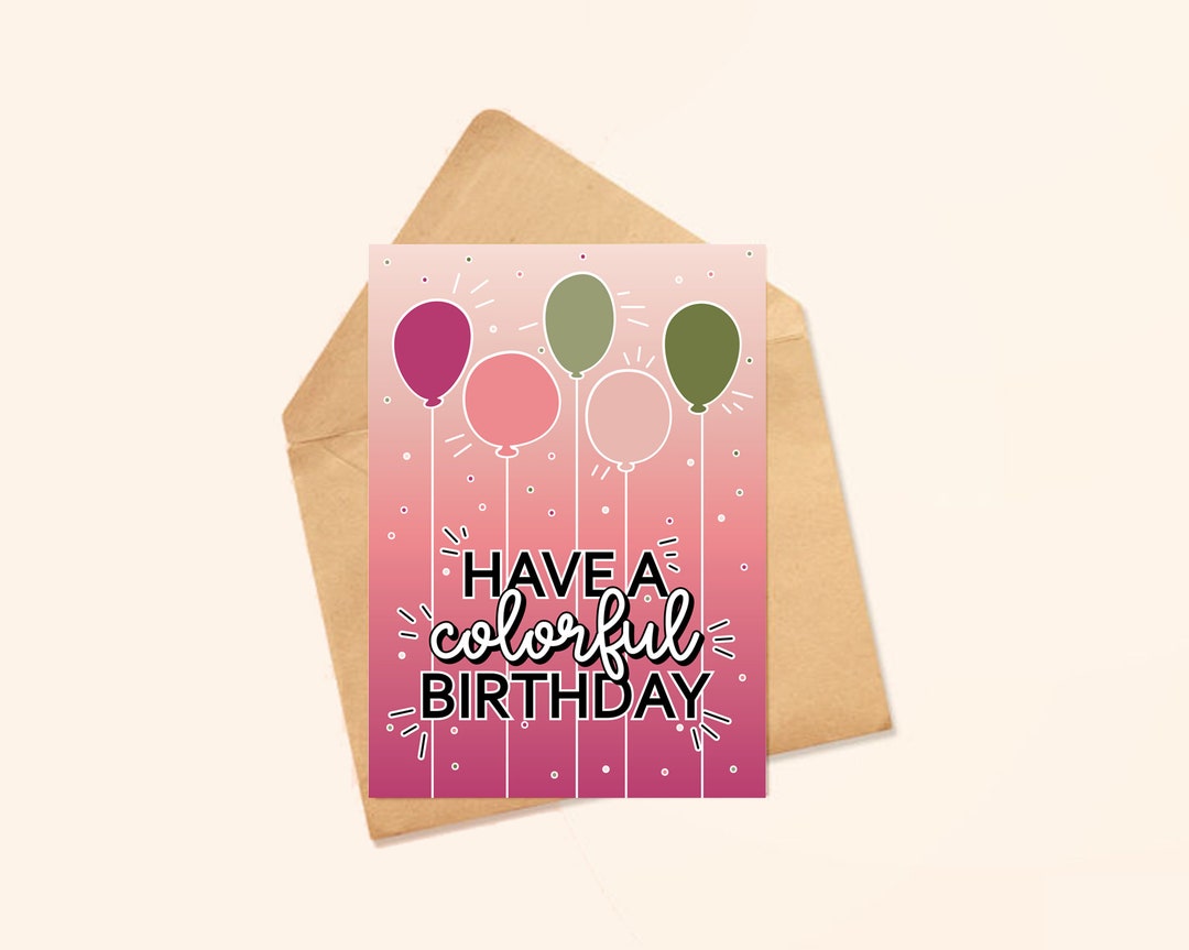 Colorful Birthday Card With Pink Gradient and Baloons and FREE Envelope ...