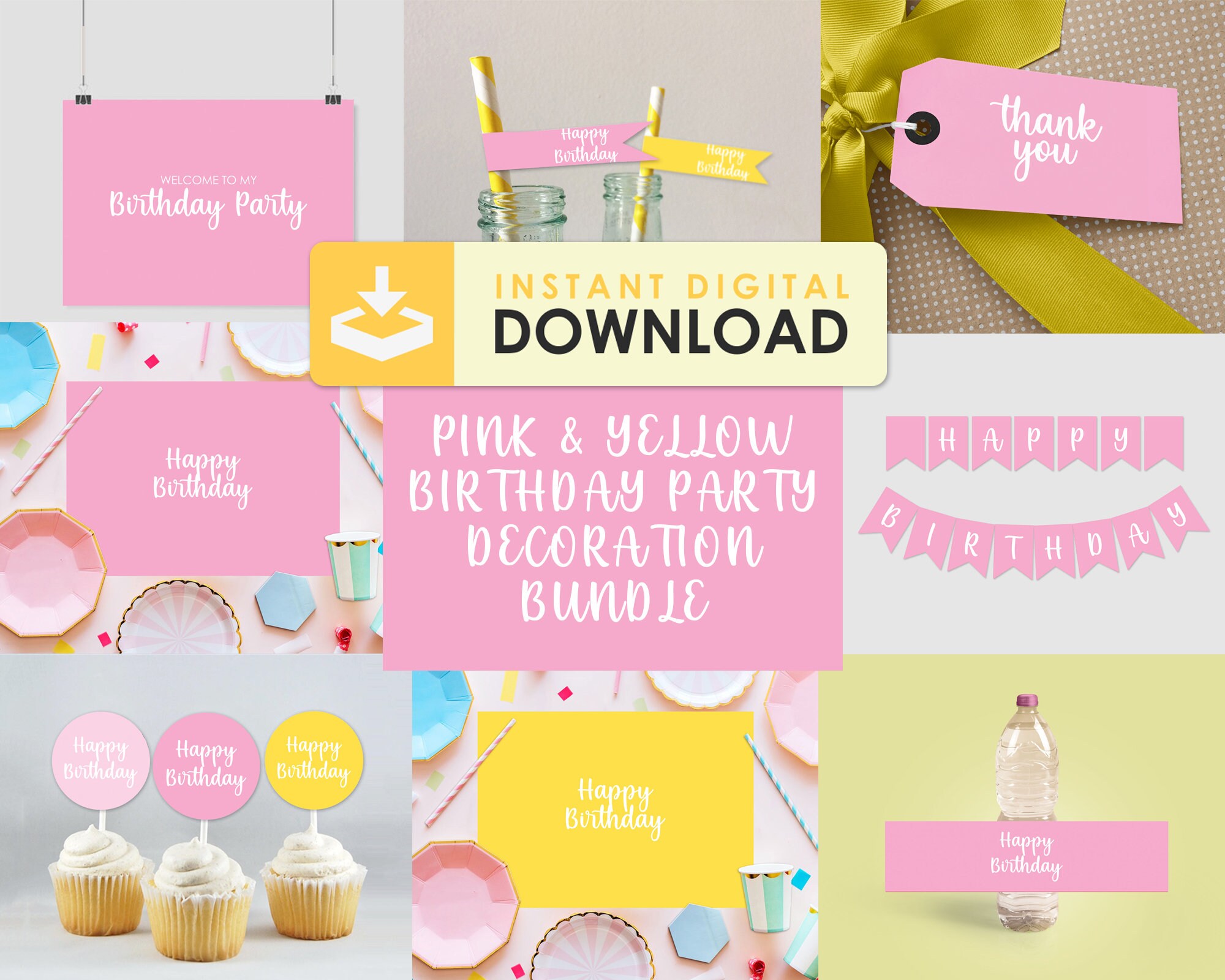 Minimal Pink and Yellow Party Decoration Bundle - Printable, Instant ...