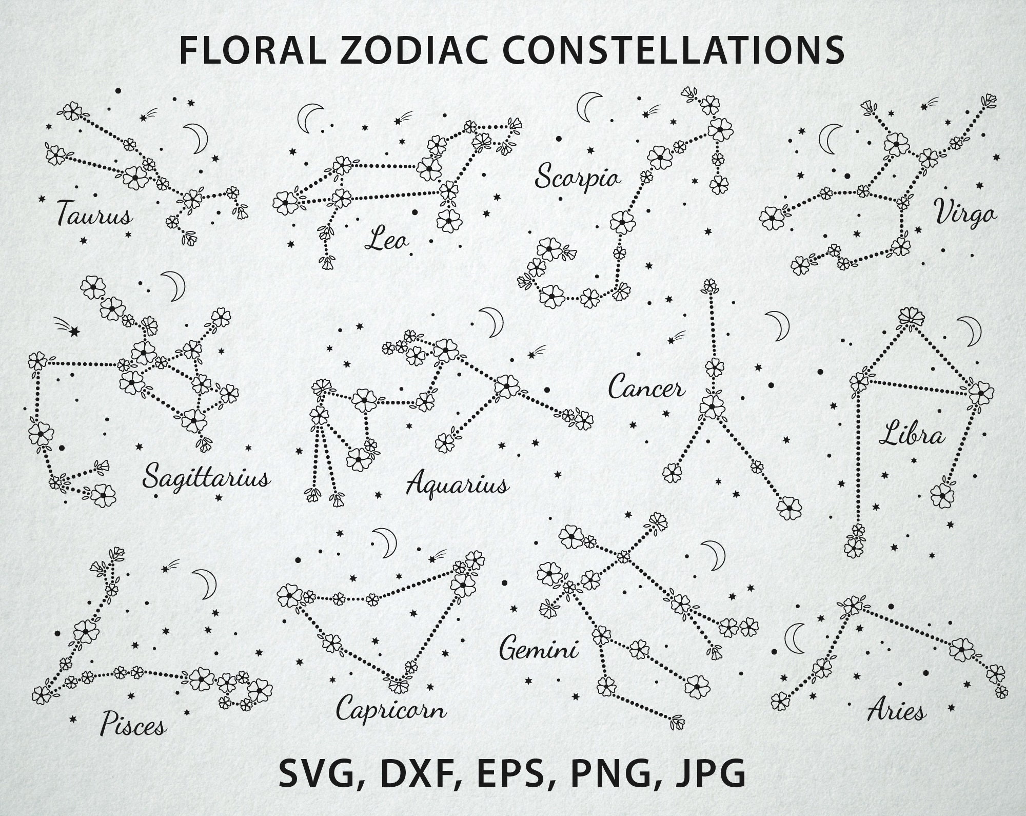 Floral Zodiac SVG bundle Flower Constellations Horoscope | Etsy
