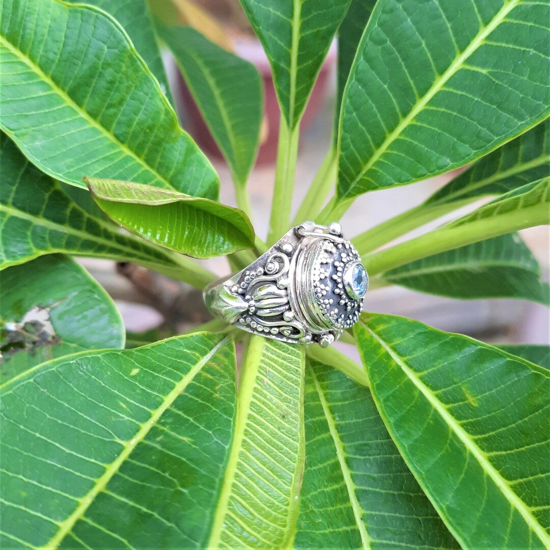 Blue Topaz Sterling Silver Plated Pill Box Ring, Handmade Poisoner Ring ...