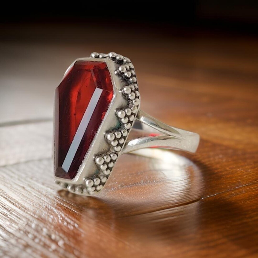 Natural Garnet Coffin Ring: 925 Sterling Silver Plated , January ...