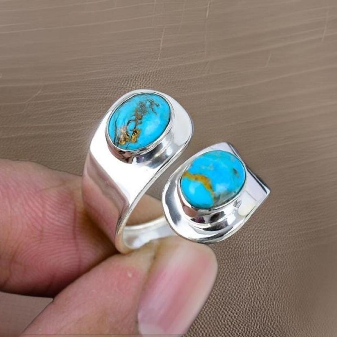 Handmade Turquoise Ring: Sterling Silver Plated Adjustable Boho Jewelry ...