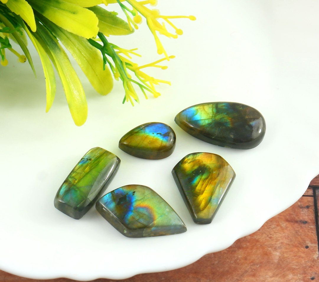 5 Pics 115 Cts Natural Multi Fire Labradorite Cabochon, Loose Gemstone ...