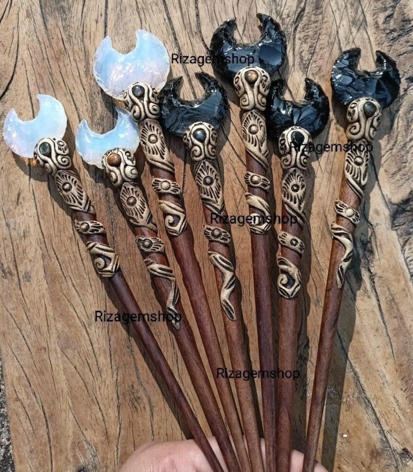 Crescent Moon Hair Stick: Opalite & Obsidian, Boho Hair Accessories - Etsy