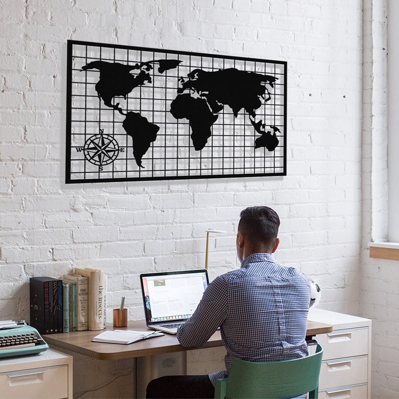 Black Metal World Map Wall Decor, World Map Art, Metal Wall Decor ...