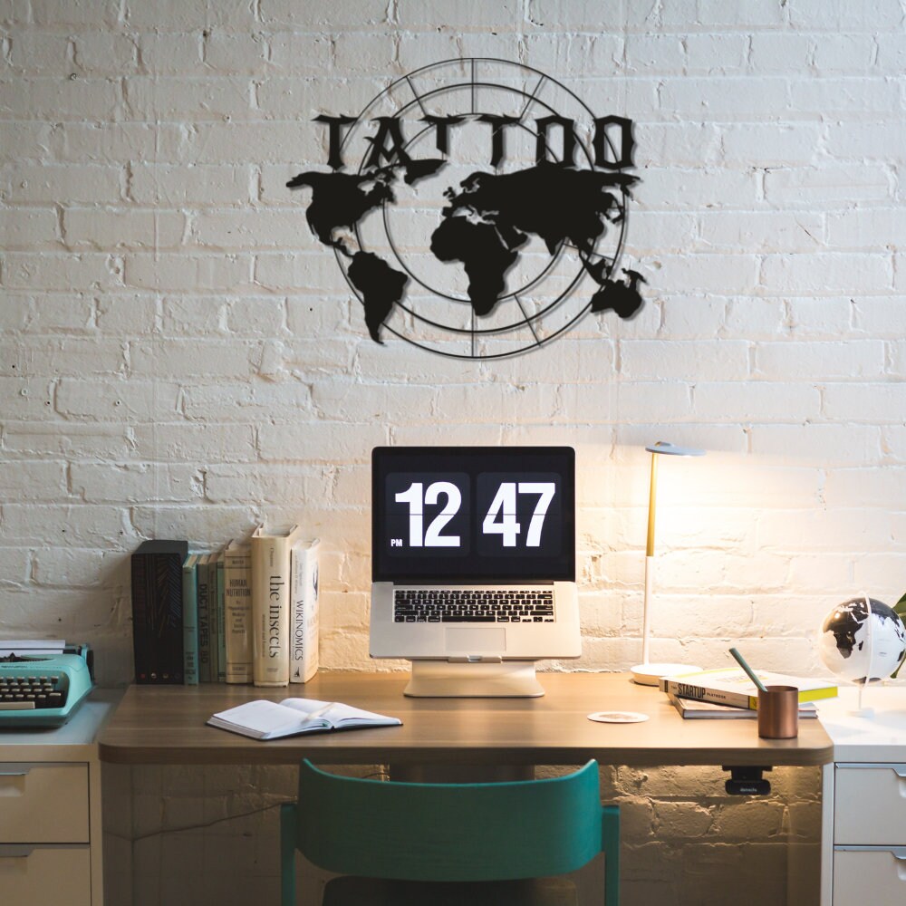 World Map Tattoo Metal Wall Art, Tattoo Studios Sign, Personalized ...