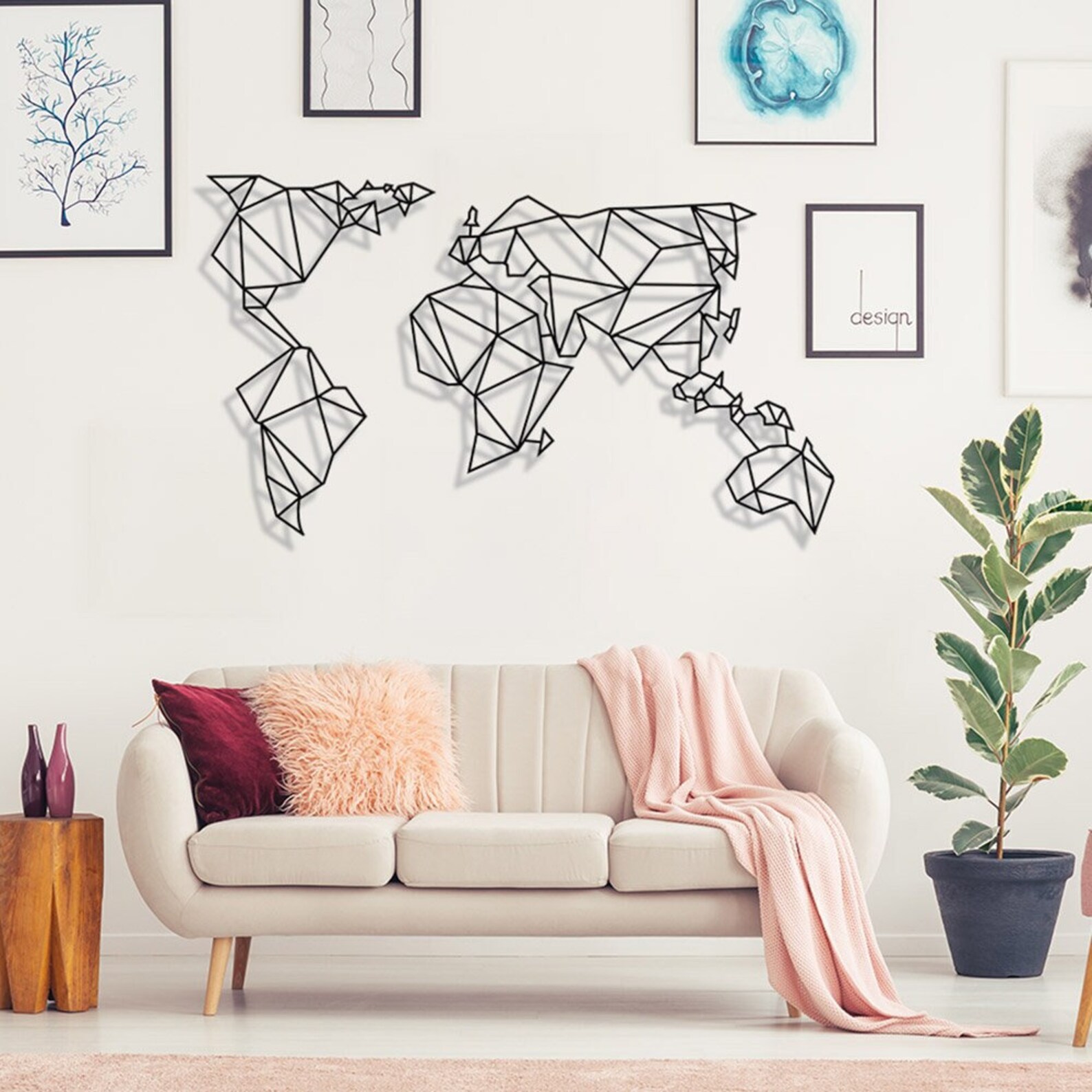 Geometric Metal World Map Wall Art, Metal World Map Art, Office Decor ...