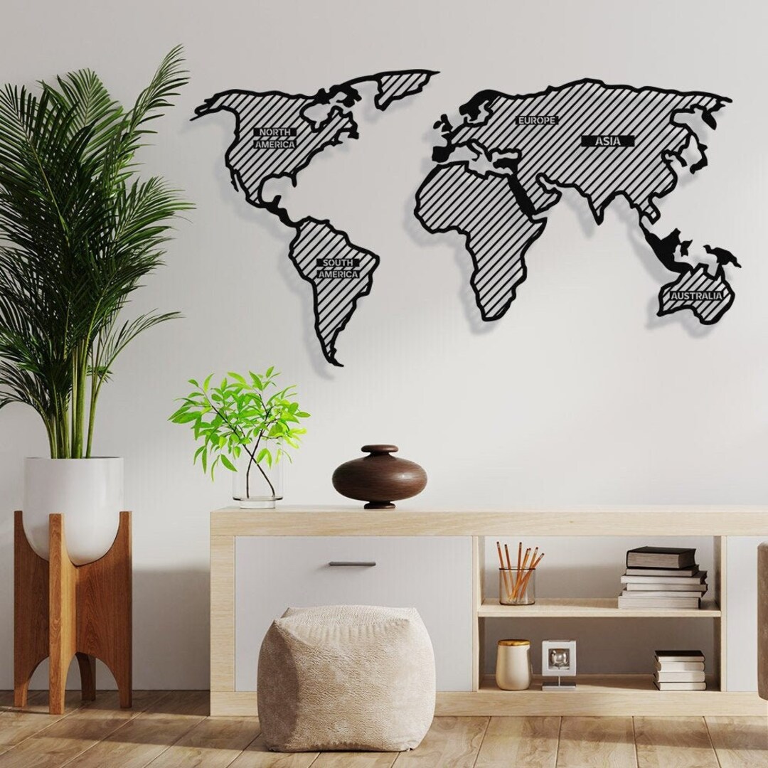 World Map Metal Wall Decor Continent Name, Home Wall Decor, Office ...