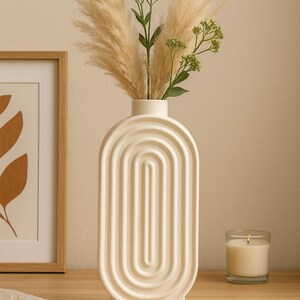 White Ribbed Oval Ceramic Vase – Modern Arched Curved Home Décor Piece ...