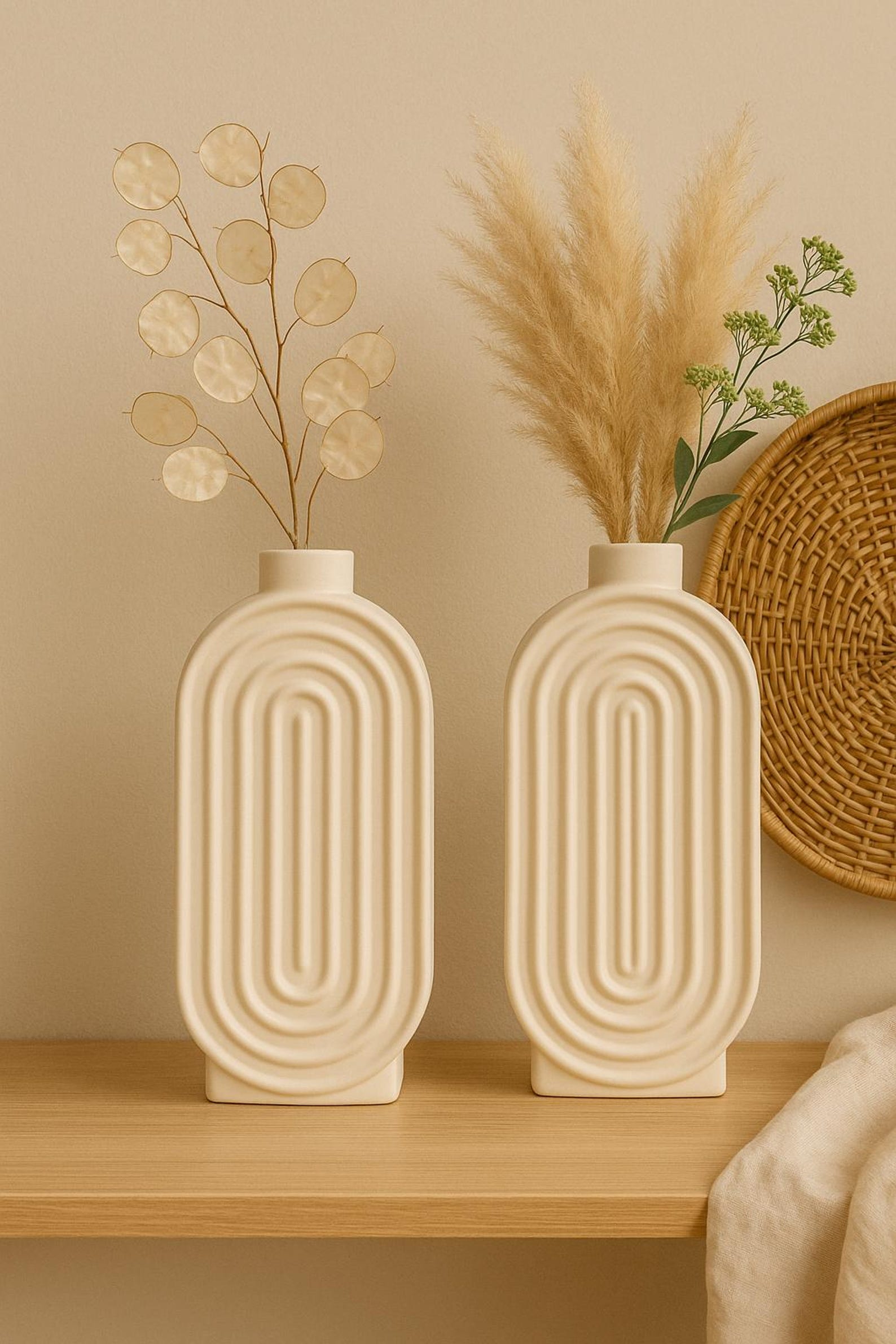 White Ribbed Oval Ceramic Vase – Modern Arched Curved Home Décor Piece ...