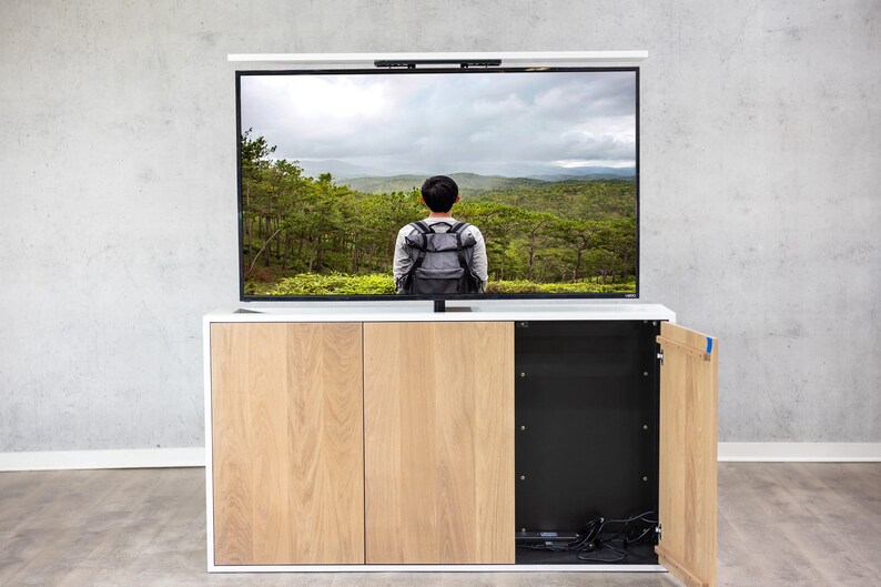 JAMI | Hidden TV Lift Cabinet in White Oak - Etsy