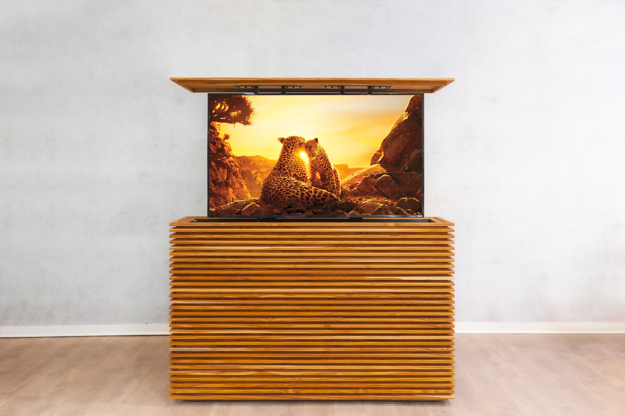 Slatted Teak Outdoor Hidden TV Lift Cabinet MARCO Deck or Patio Pop Up TV Entertainment Center