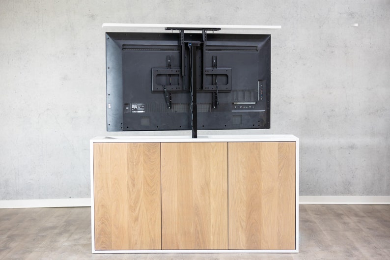 JAMI | Hidden TV Lift Cabinet in White Oak - Etsy