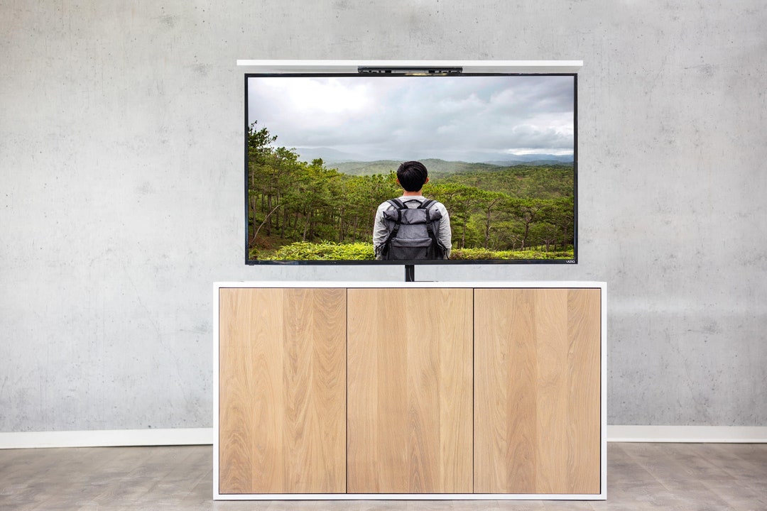 JAMI | Hidden TV Lift Cabinet in White Oak - Etsy