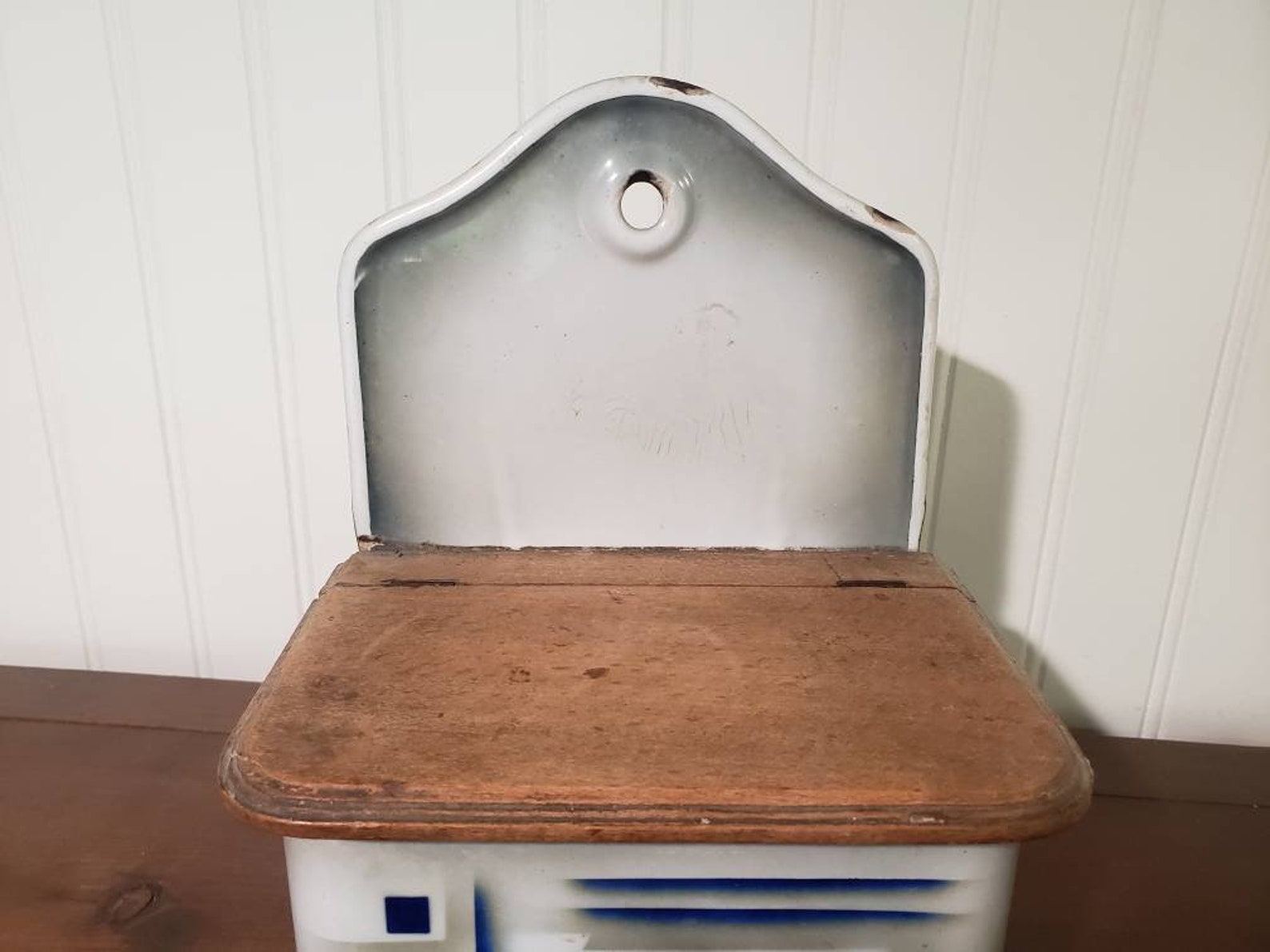 Vintage European Enamelware Flour Cellar - Wall Mounted Flour Box ...