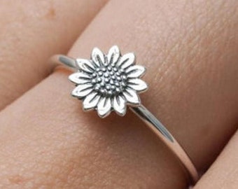 Sunflower Ring, Flower Stack Ring, Flower Ring, Silver Stack Ring, Sunflower Stack Ring, Boho ...