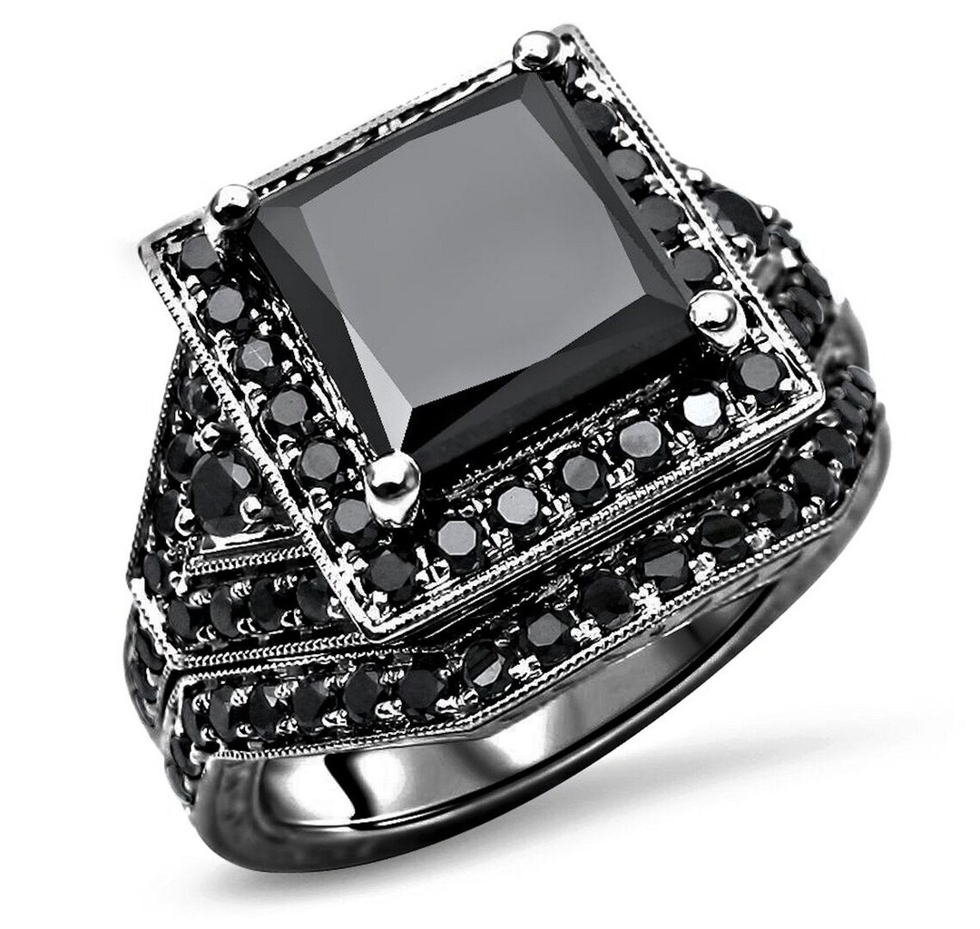 4.50 Carat Black Princess Cut Wedding Engagement Bridal Full Black Ring ...