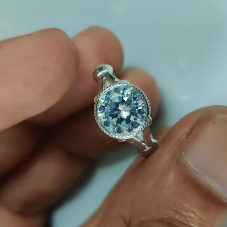2 Ct White Round Cut Bezel Set Lab Diamond Engagement Ring - Etsy