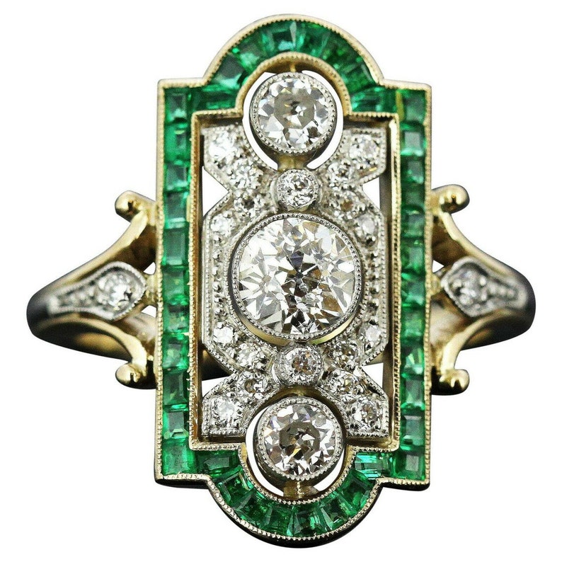 Green Three Stone Ring Exclusive Art Deco CZ Diamond Wedding - Etsy