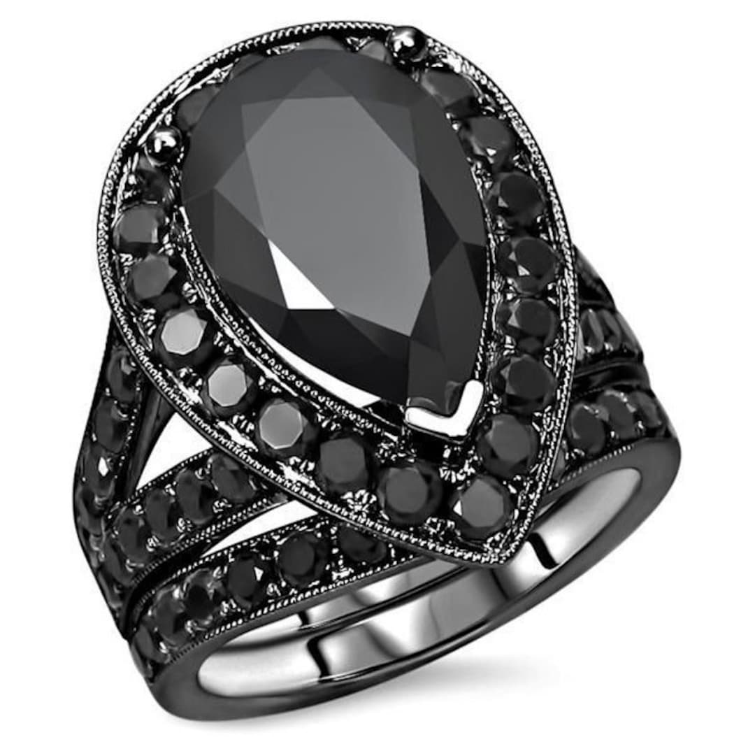 5.00 Carat Pear Cut Black Diamond Solitaire Engagement Ring Set in ...