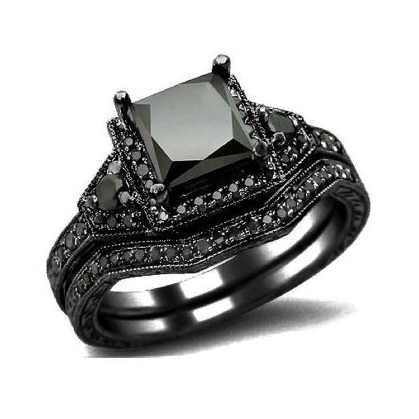 Black Diamond Ring Set Black Princess Cut CZ Diamond - Etsy