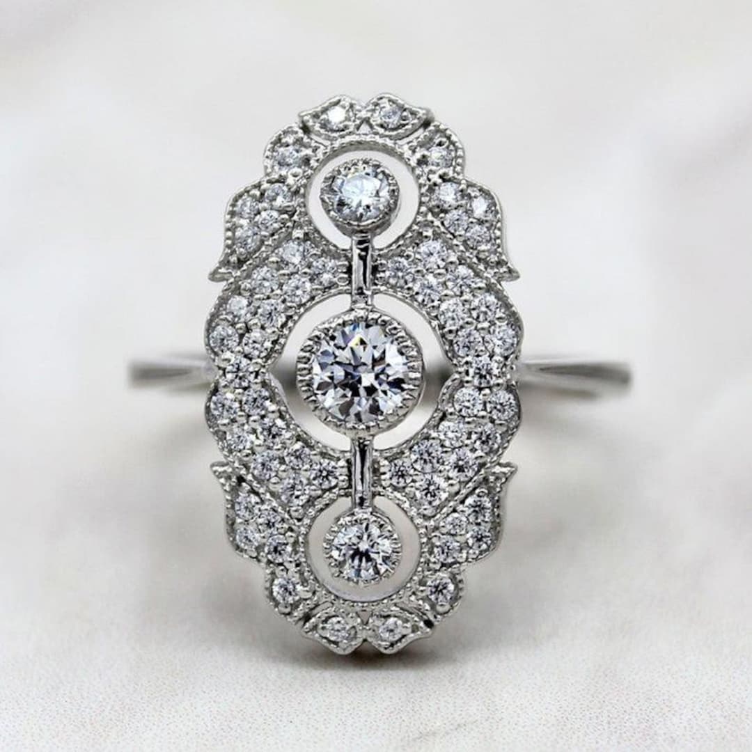 Art Deco Engagement Ring: 1CT Round Cut, Sterling Silver Three Stone ...