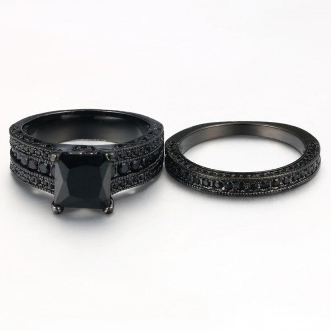 Black Diamond Ring Set Black Princess Cut CZ Diamond - Etsy